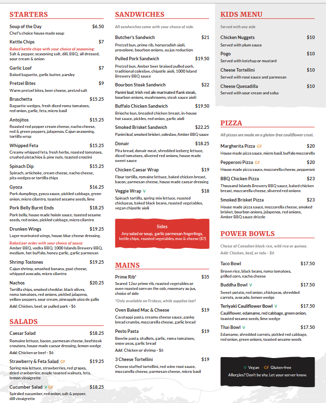 Tap House Menu – 1000 Island Brewing Company