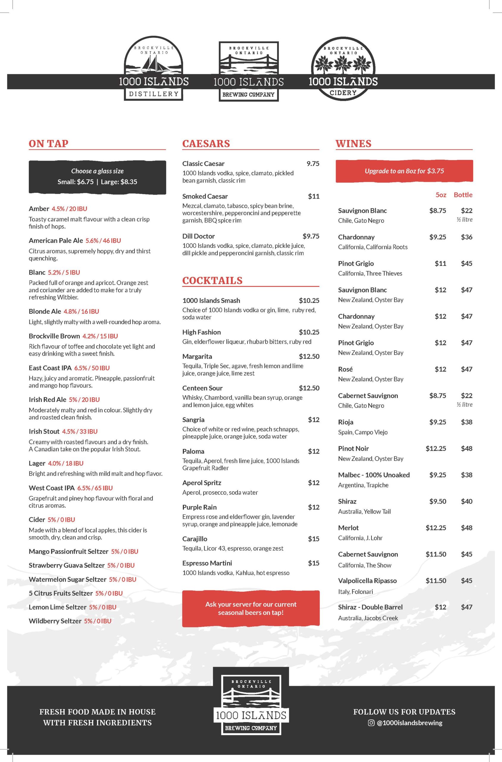 Tap House Menu – 1000 Island Brewing Company